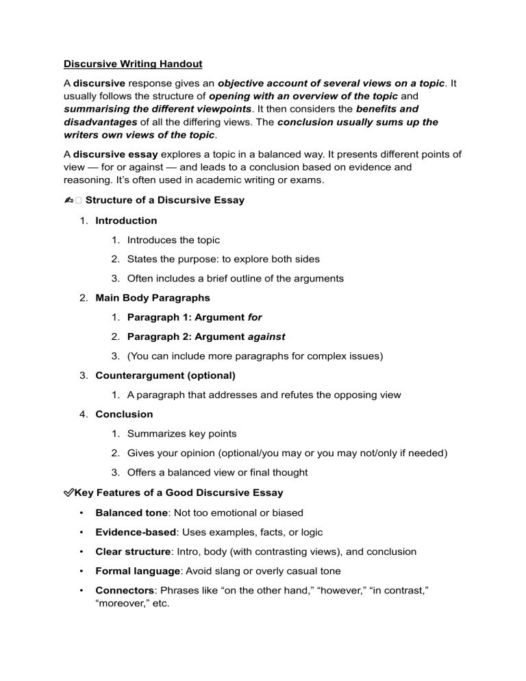 Discursive Writing Guide: Essay Structure & Examples