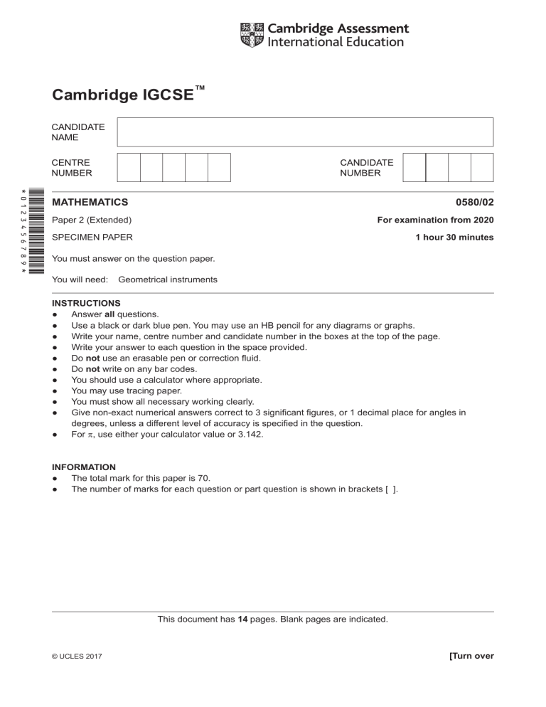 Cambridge IGCSE Mathematics Specimen Paper (Extended)