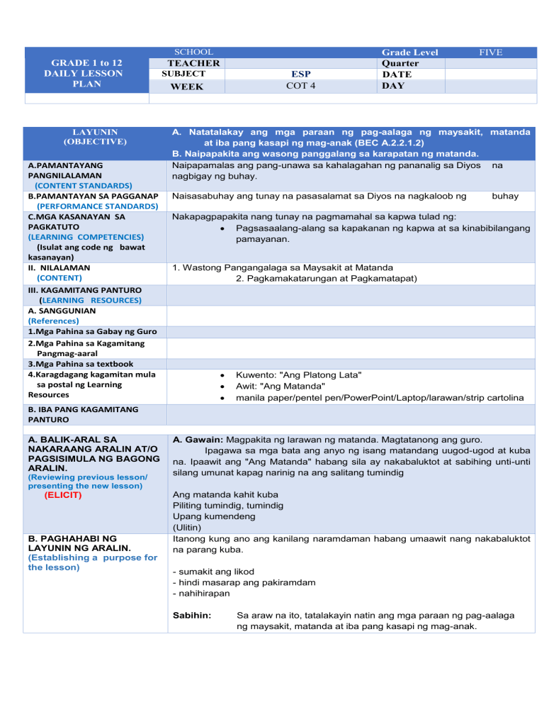 Grade 5 ESP Lesson Plan: Caring for the Elderly