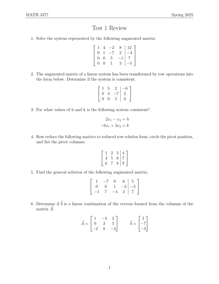 Math 3377 Test 1 Review: Linear Algebra Problems