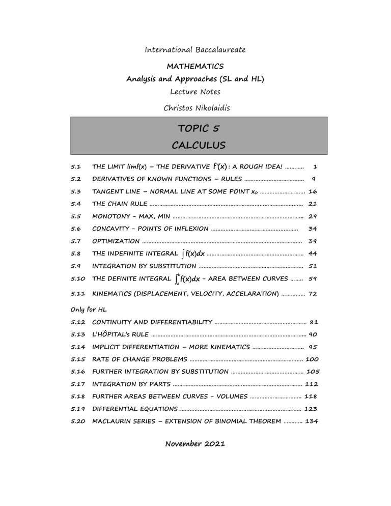 Calculus Lecture Notes: IB Analysis and Approaches (SL/HL)