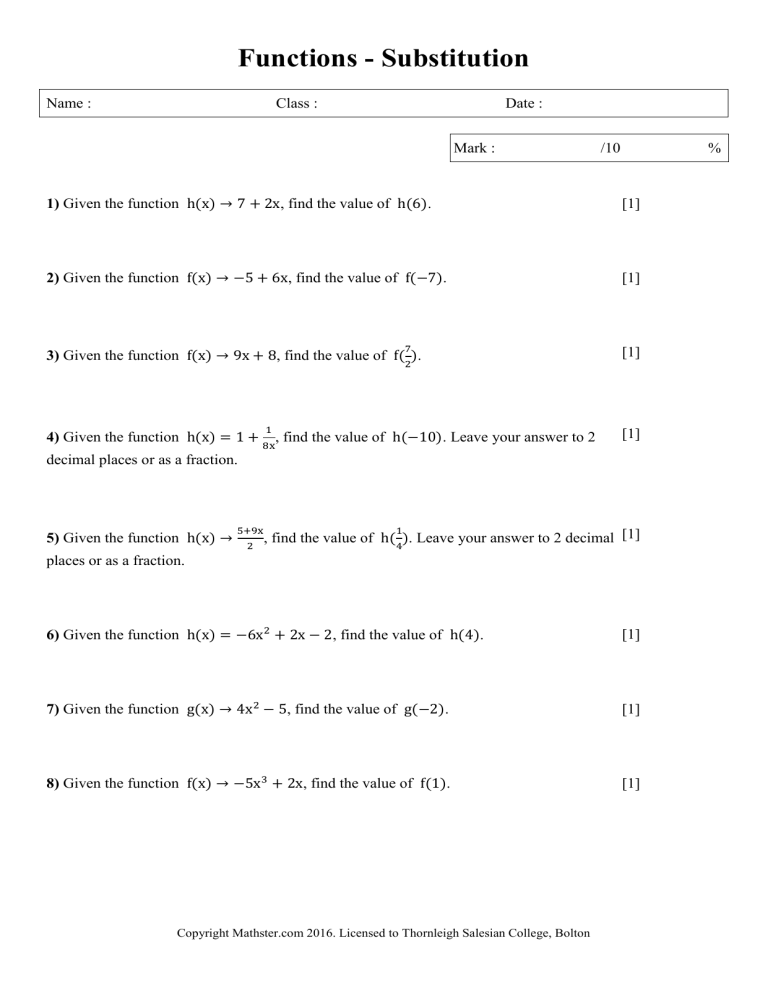 Function Substitution Worksheet - Math Practice