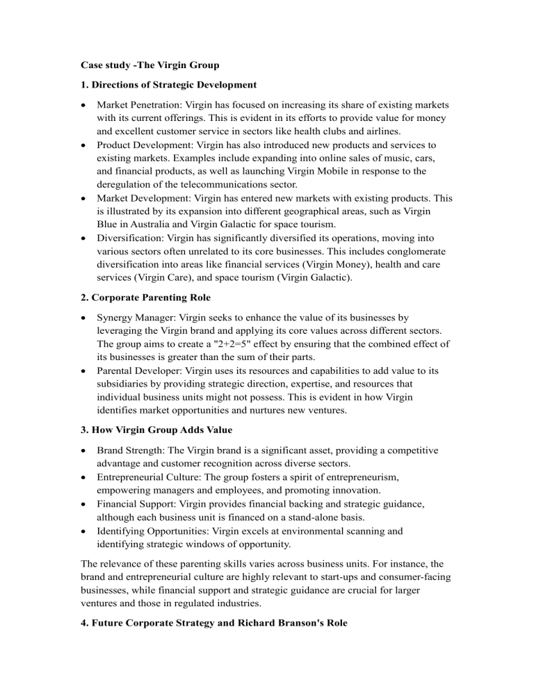Virgin Group Case Study: Strategy, Parenting, Value Creation