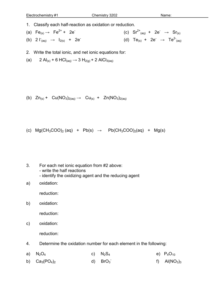 Electrochemistry Worksheet: Redox Reactions & Oxidation Numbers