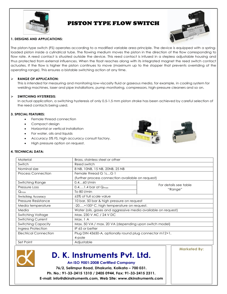 Piston Type Flow Switch Datasheet - D. K. Instruments