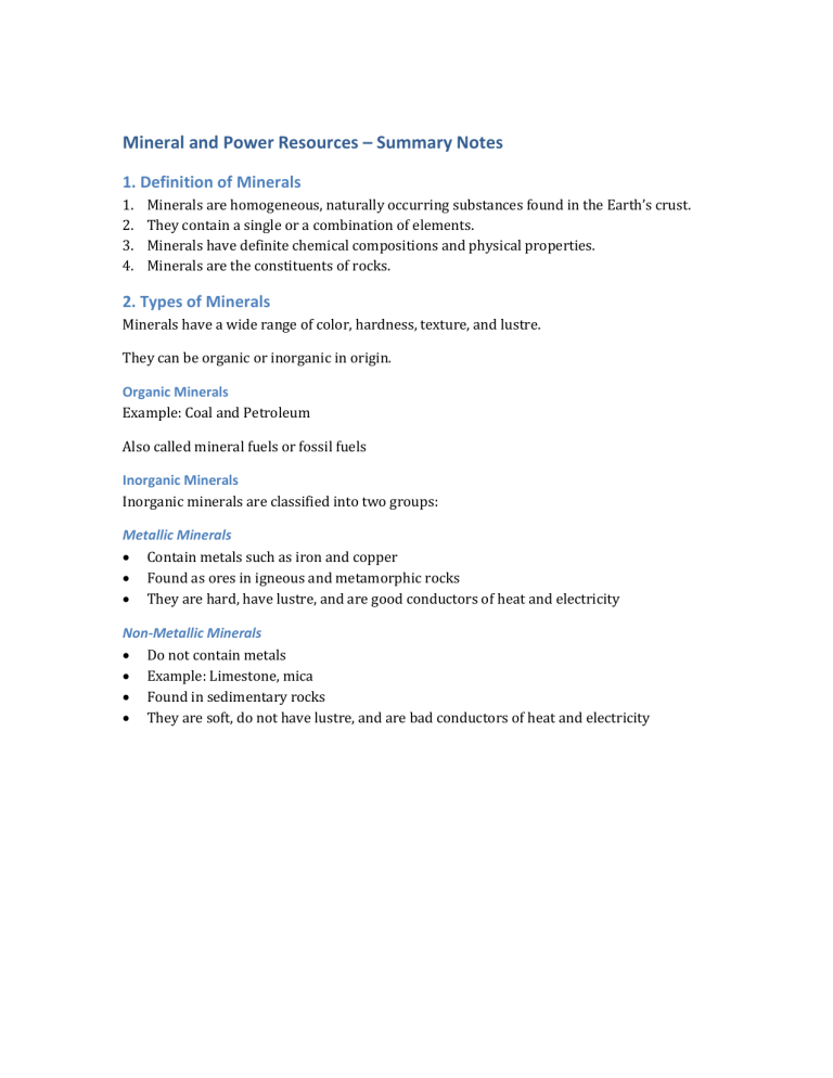 Mineral and Power Resources: Summary Notes