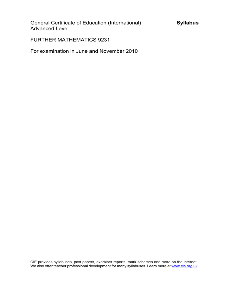 Further Mathematics 9231 A Level Syllabus (2010)
