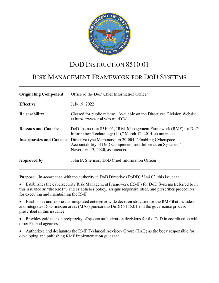 DoD Risk Management Framework (RMF) Instruction 8510.01