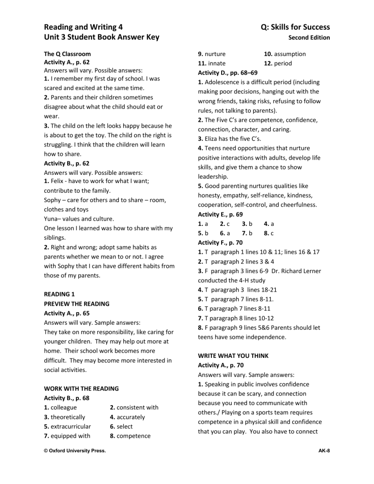 Reading & Writing 4: Unit 3 Answer Key