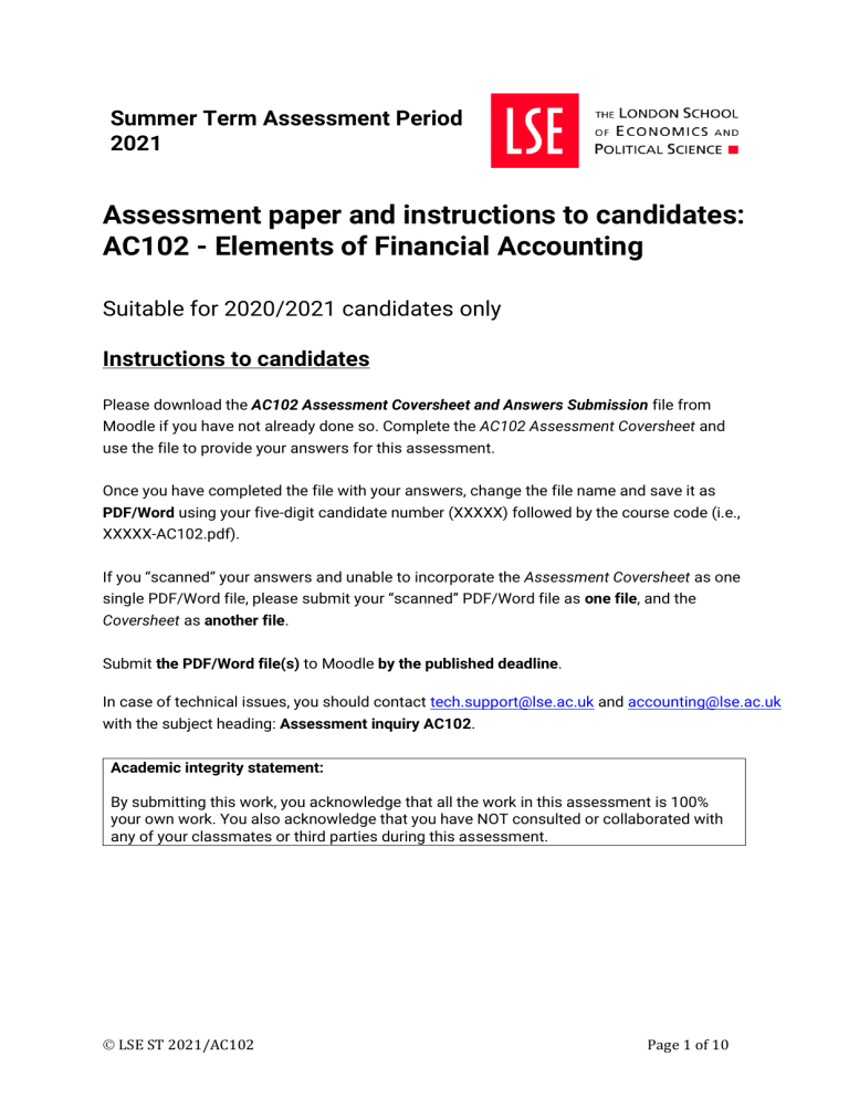 AC102 Financial Accounting Exam Paper - LSE 2021