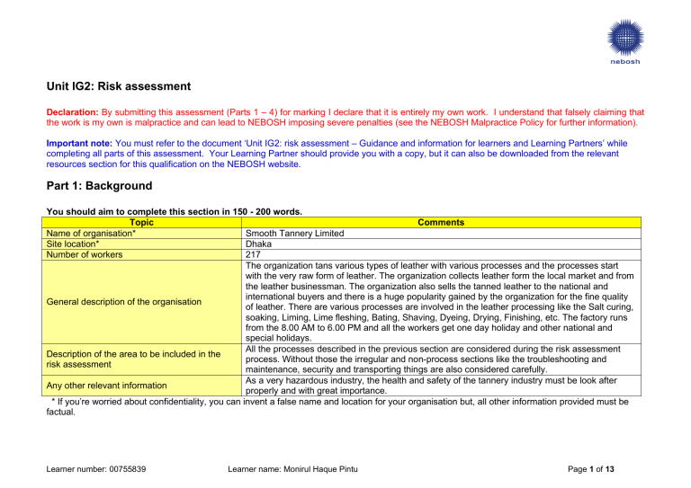 NEBOSH IG2 Risk Assessment: Smooth Tannery Limited Case Study