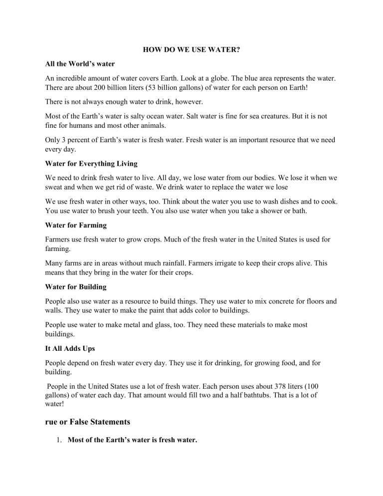 Water Usage Worksheet: Fresh Water & Conservation