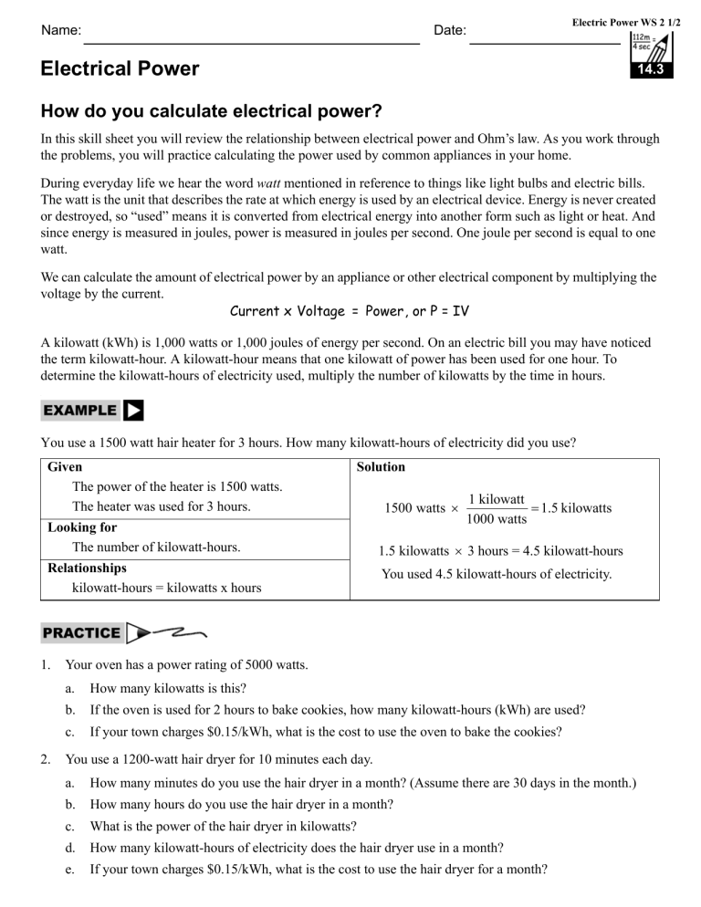 Electrical Power Calculations Worksheet