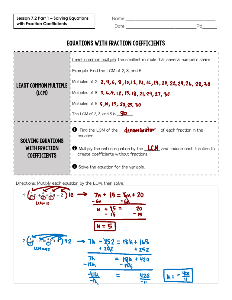 Solving Equations with Fraction Coefficients Worksheet