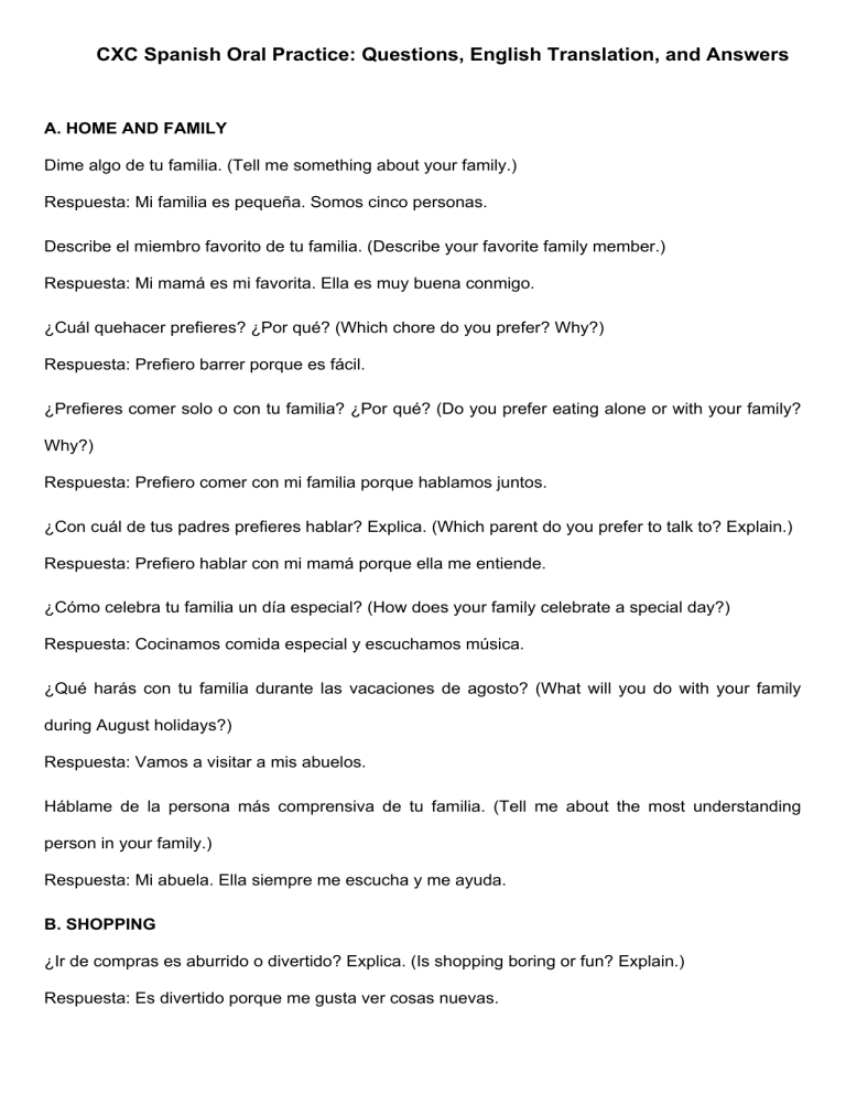 Preguntas y respuestas de práctica oral de español CXC