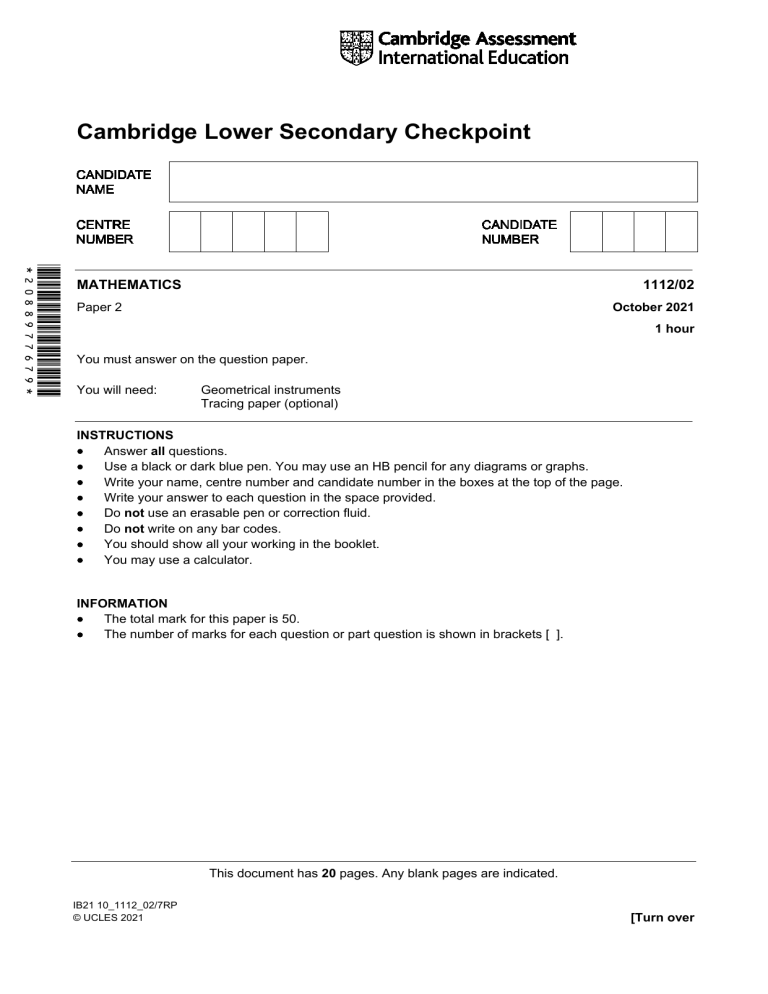 Cambridge Lower Secondary Checkpoint Mathematics Exam Paper