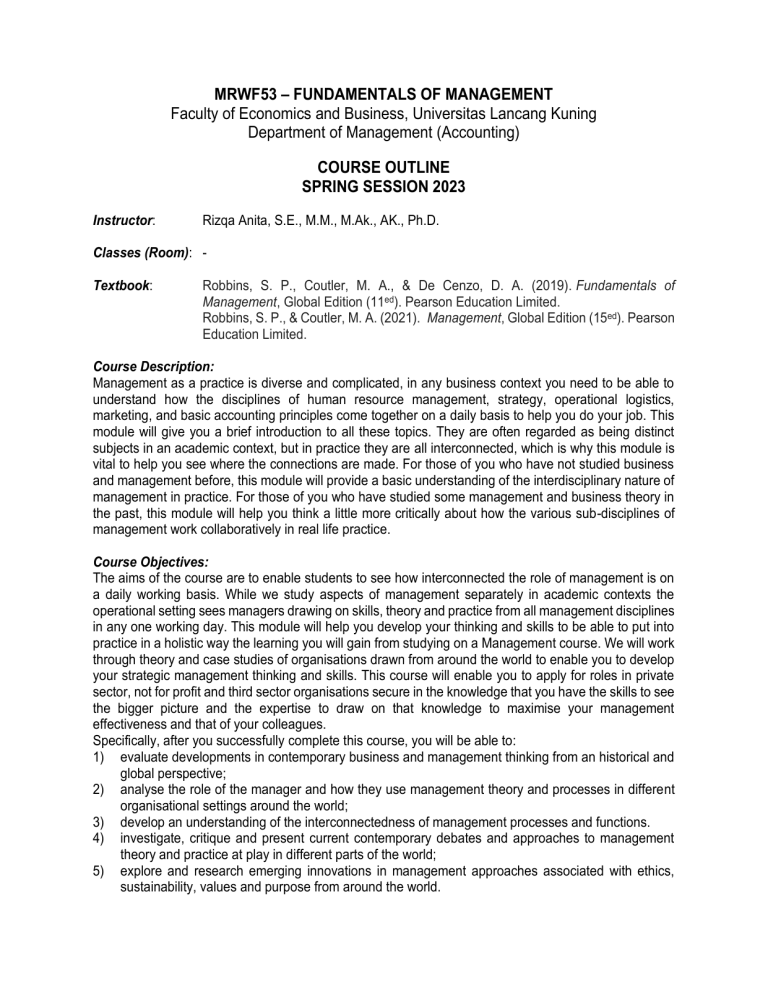 Fundamentals of Management Course Outline - Spring 2023