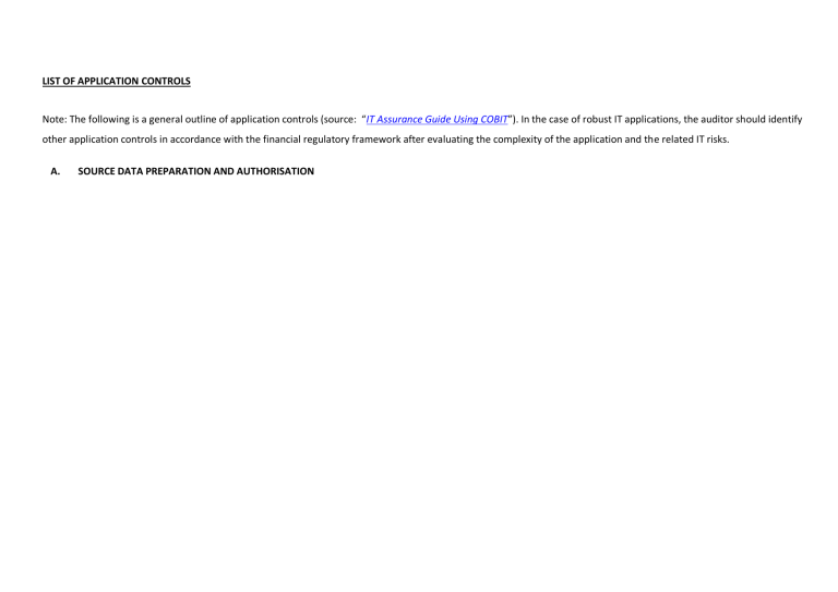 Application Controls List: IT Assurance & COBIT Framework