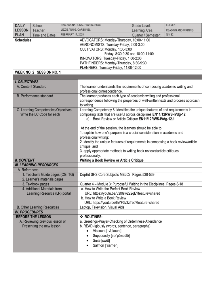 Reading & Writing Lesson Plan: Book/Article Critique