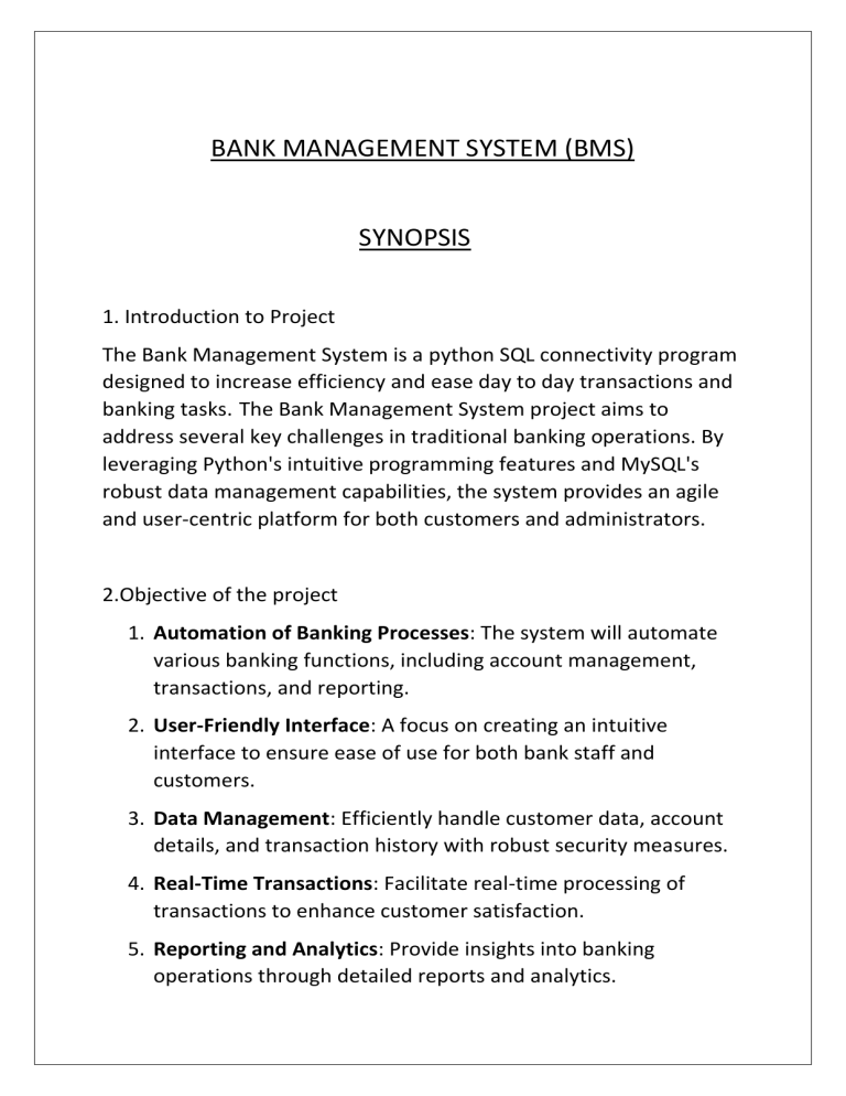 Bank Management System (BMS) Synopsis