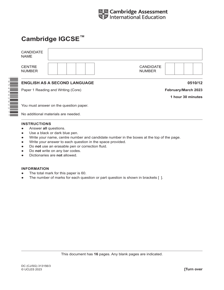 IGCSE English Exam Paper: Reading & Writing (Core)