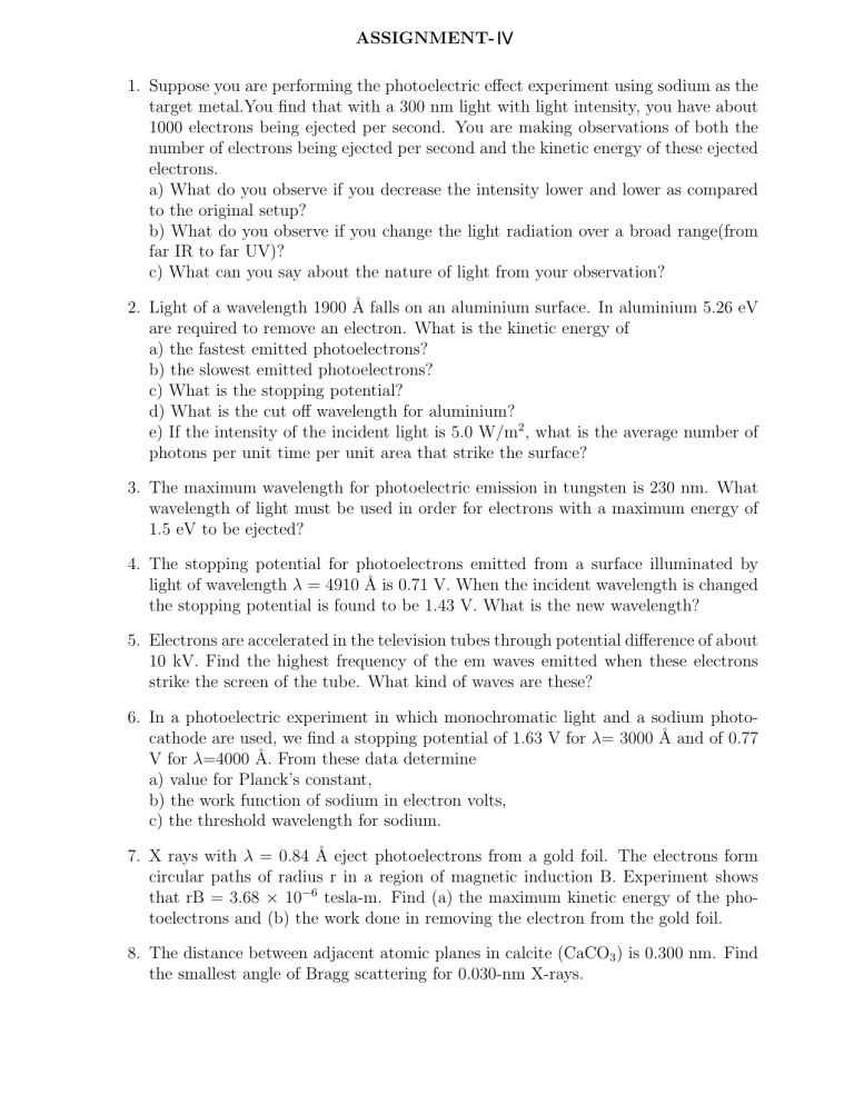 Quantum Mechanics Assignment: Photoelectric Effect & More