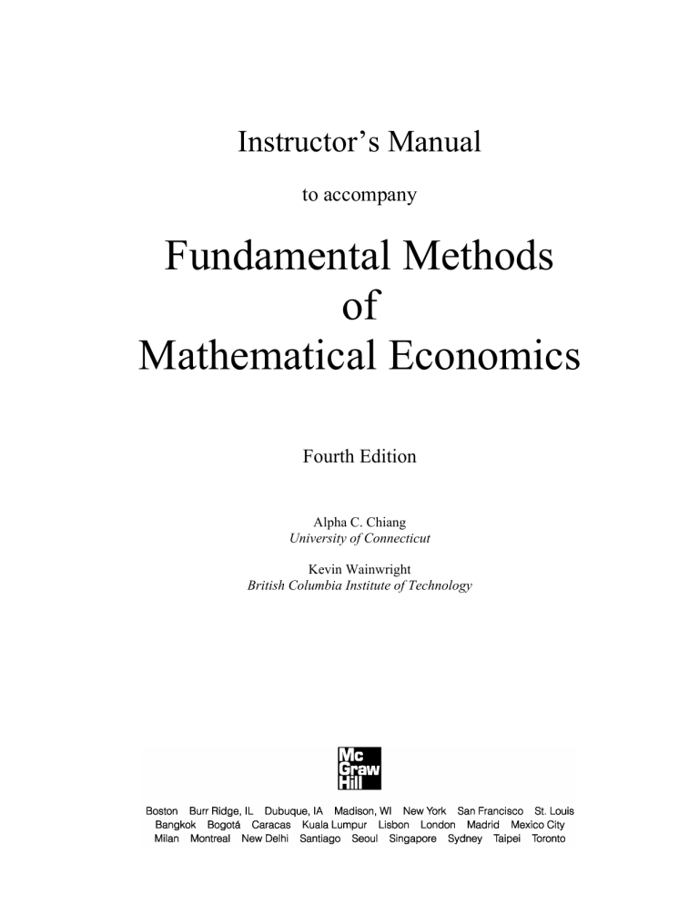 Instructor's Manual: Mathematical Economics, 4th Edition
