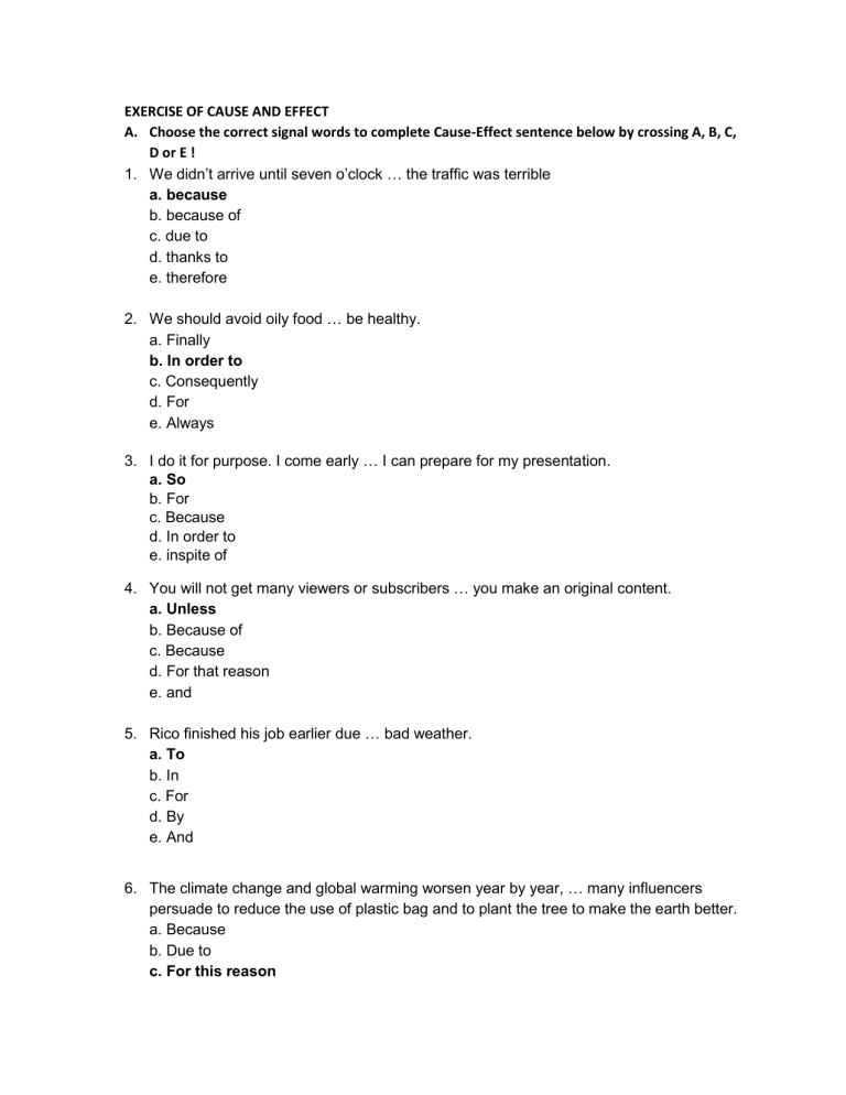 Cause and Effect Exercise: Signal Words & Sentence Structure