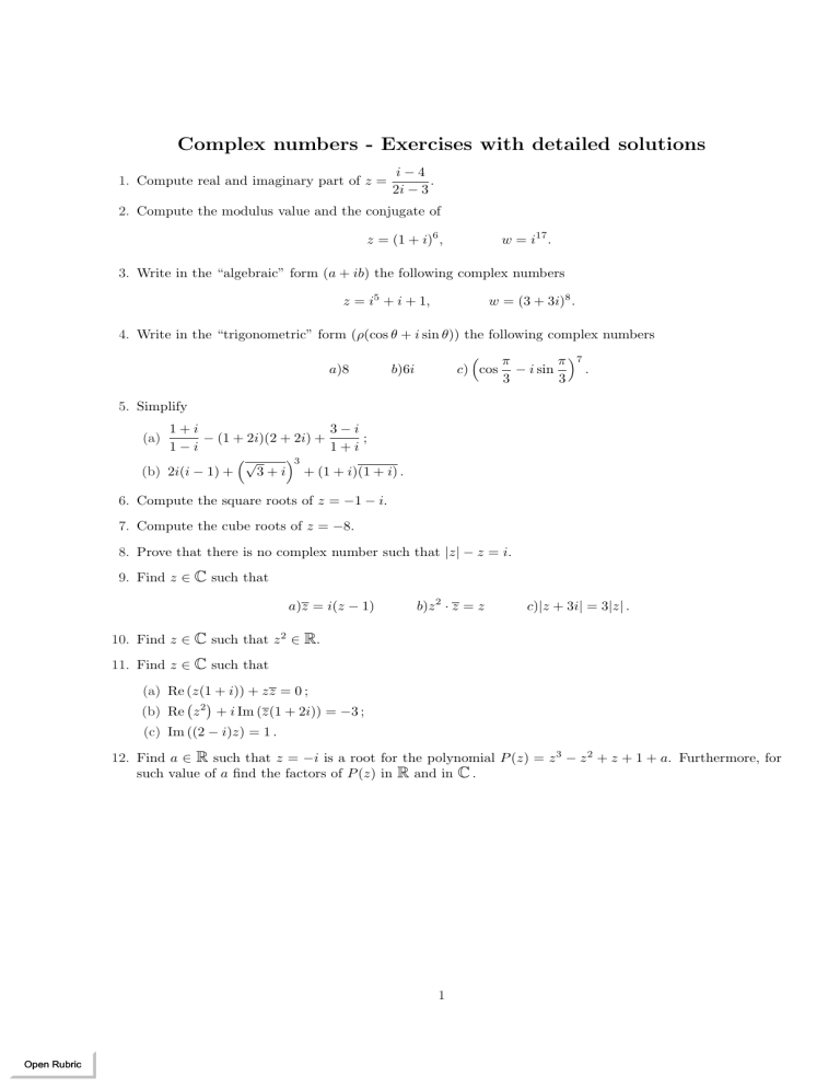 Complex Numbers Exercises with Solutions