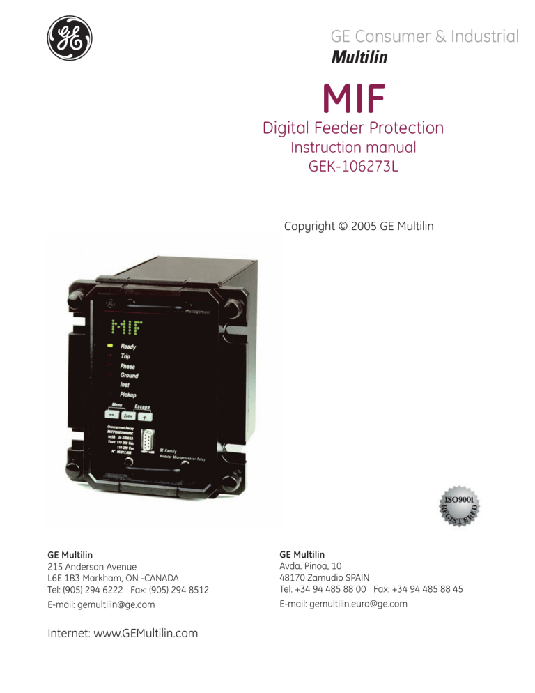 GE Multilin MIF Digital Feeder Protection Manual