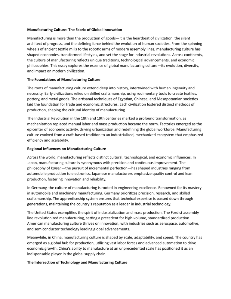 Manufacturing Culture: Global Innovation & Evolution