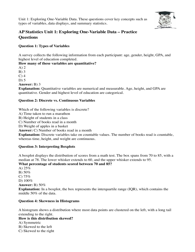 AP Statistics Unit 1 Practice Questions: One-Variable Data