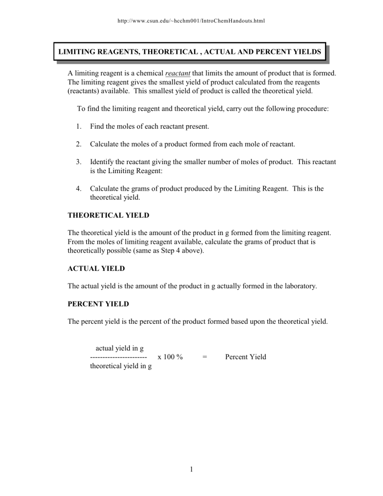 Limiting Reagents & Yields: Chemistry Handout