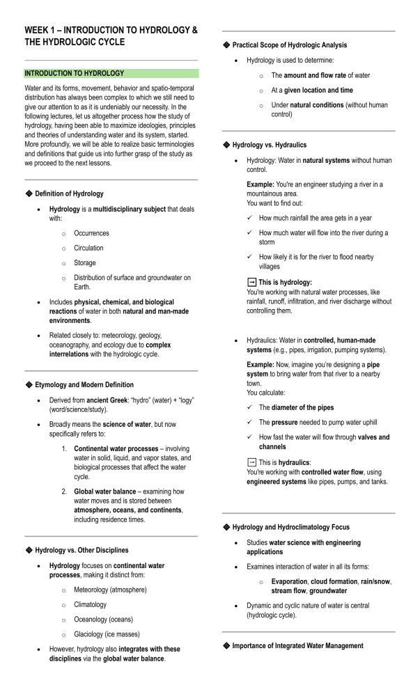 Hydrology & Hydrologic Cycle: Intro Lecture Notes