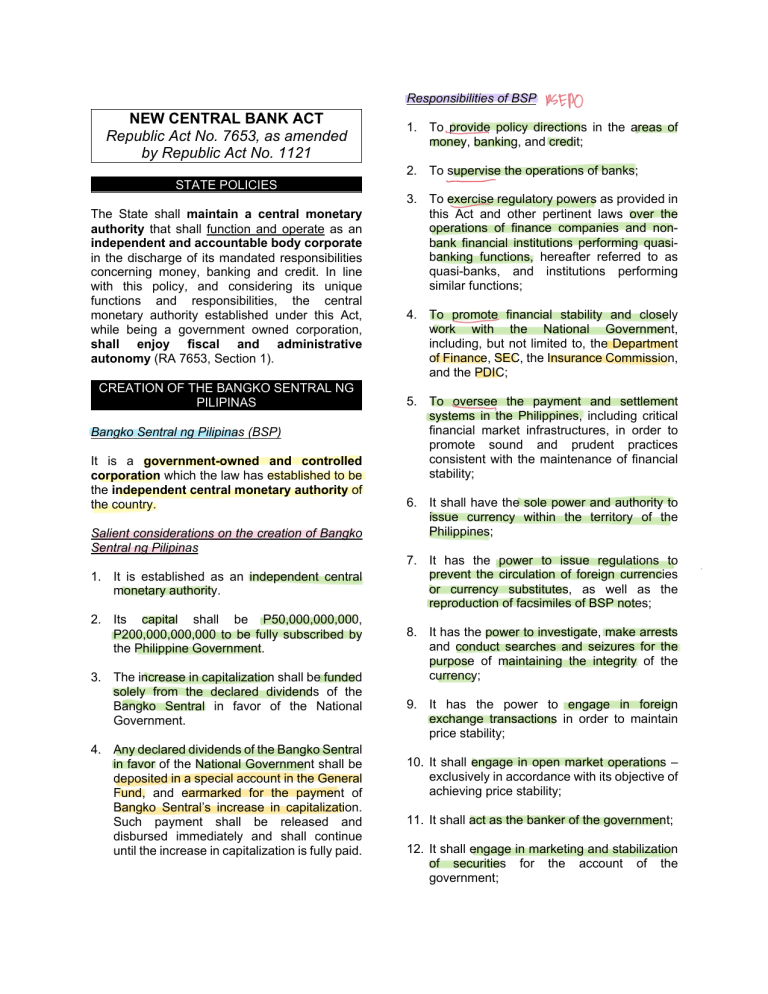 BSP Responsibilities & Powers: Republic Act No. 7653