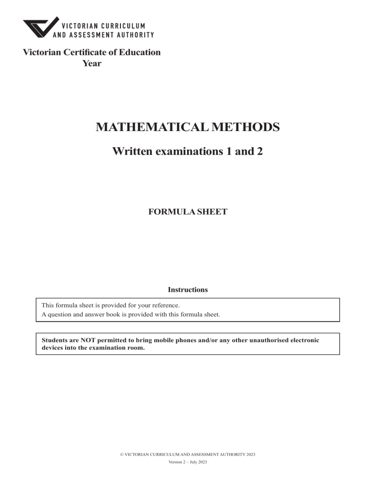 Mathematical Methods Formula Sheet for VCE Exams