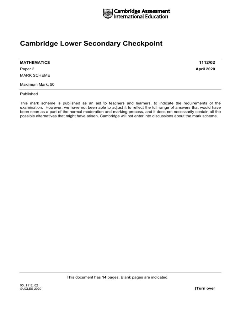 Cambridge Checkpoint Math: Mark Scheme 1112/02 April 2020