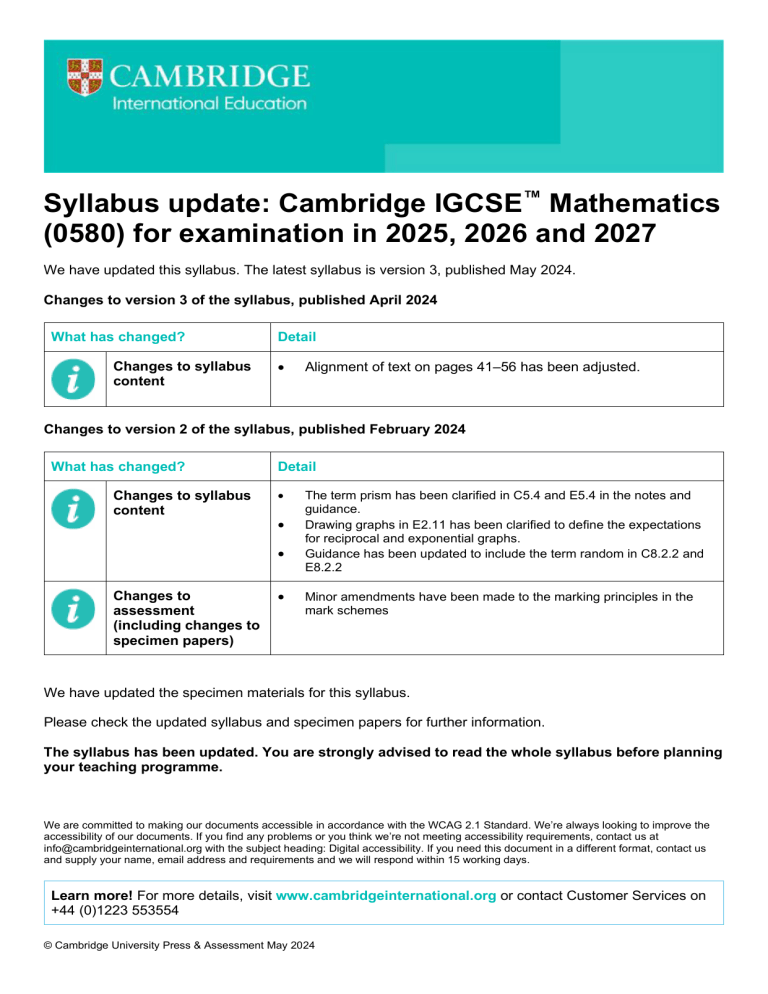 Cambridge IGCSE Mathematics (0580) Syllabus Update 2025-2027