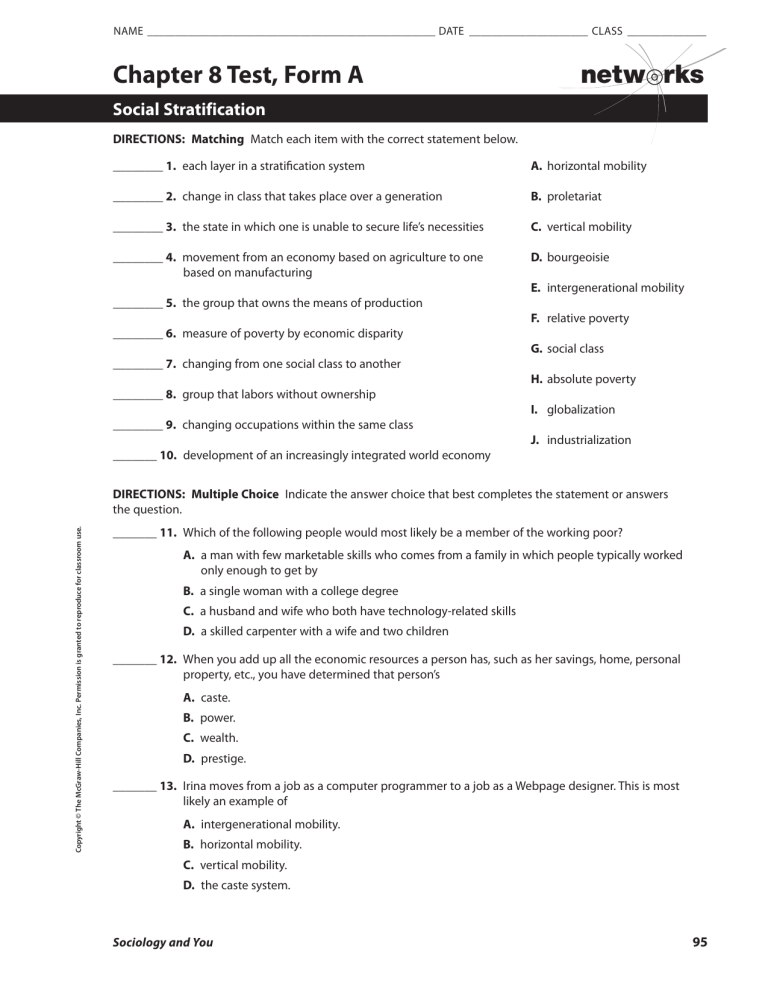 Social Stratification Test: Chapter 8, Form A