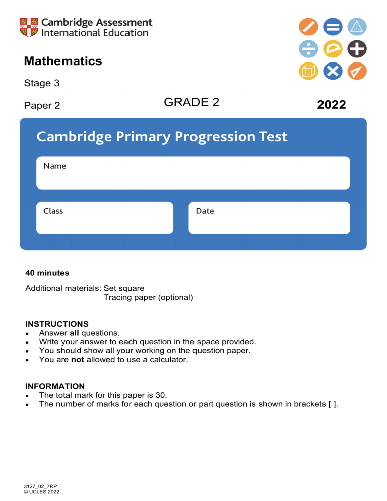 Stage 3 Grade 2 Math Exam Paper - Cambridge