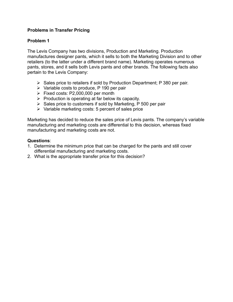 Transfer Pricing Problems: Levis & CY Company Analysis