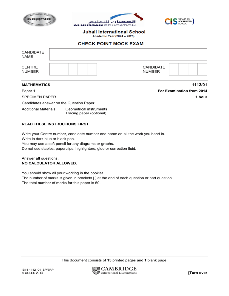 Cambridge Checkpoint Math Exam Paper - Specimen