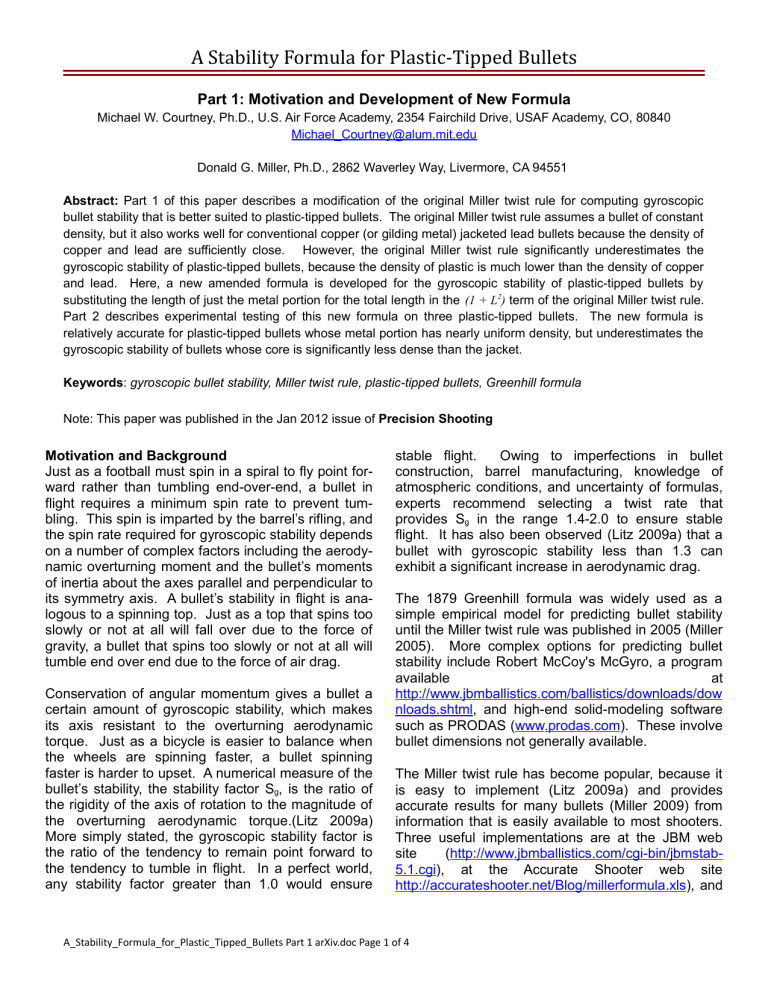 Plastic-Tipped Bullet Stability: A Modified Miller Twist Formula