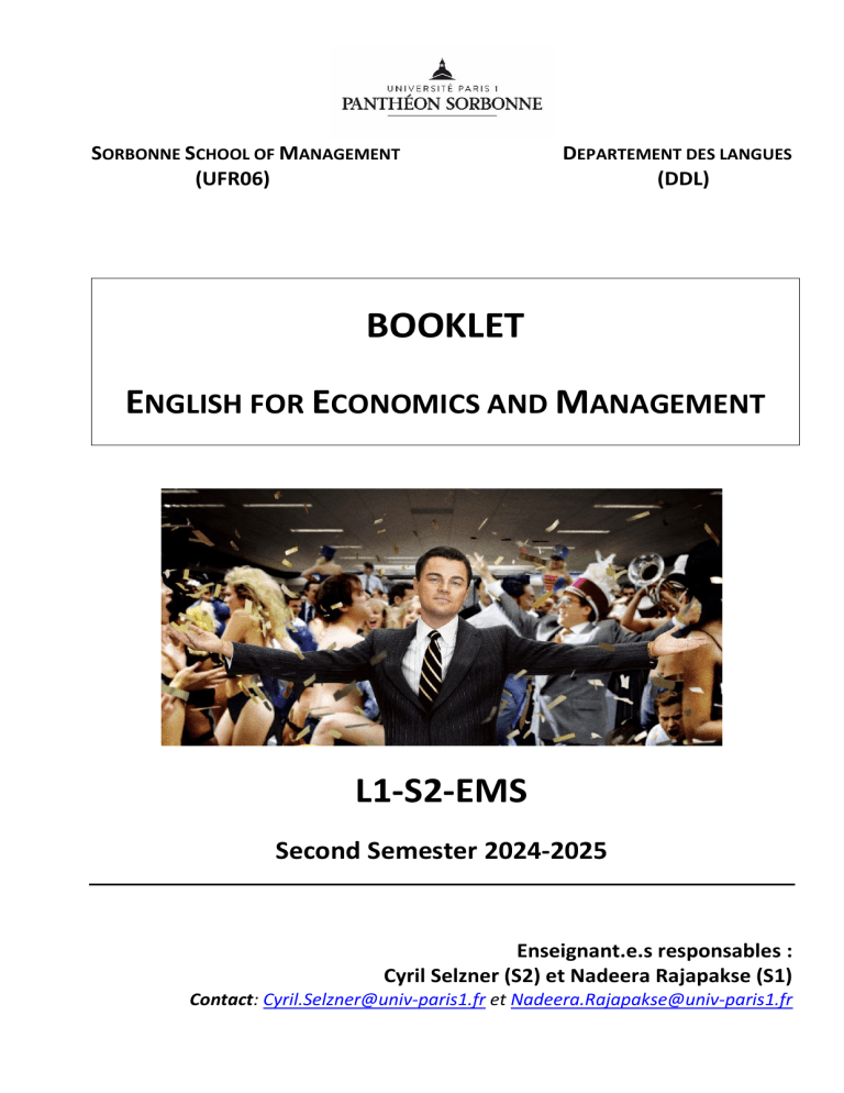 English for Economics & Management: Sorbonne L1-S2 Booklet