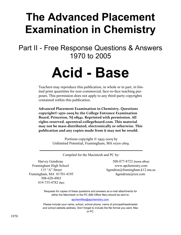 AP Chemistry Acid-Base Exam Questions & Answers (1970-2005)