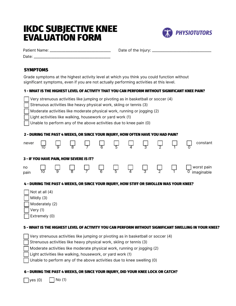IKDC Knee Evaluation Form - Symptoms & Function Assessment