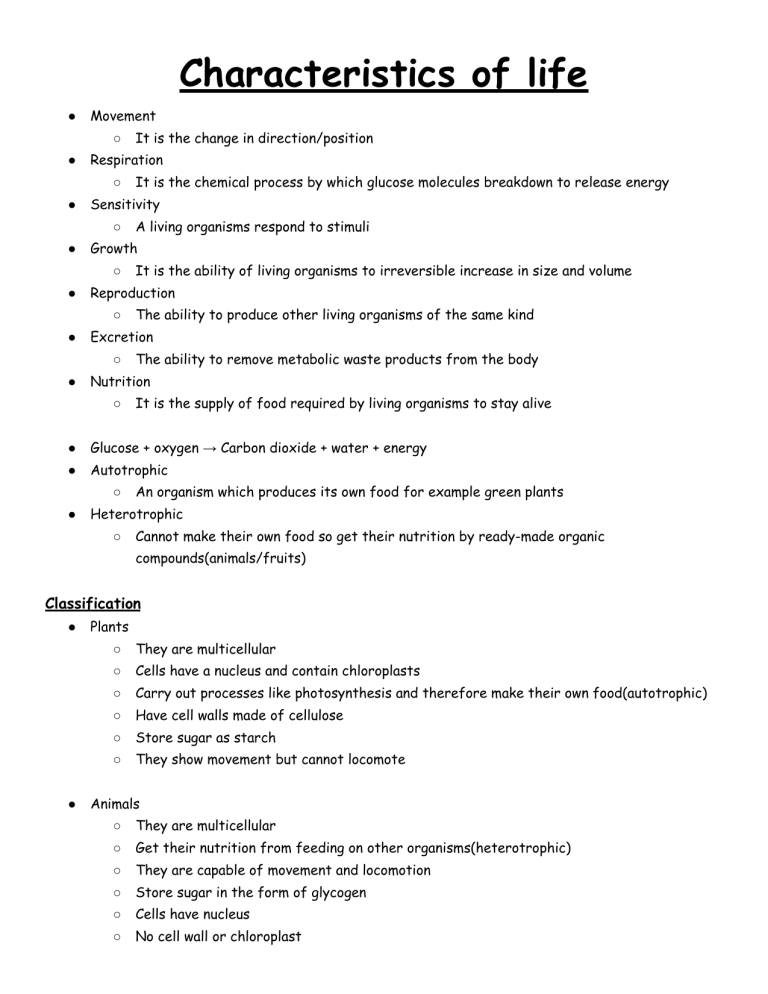 Characteristics of Life & Classification Notes