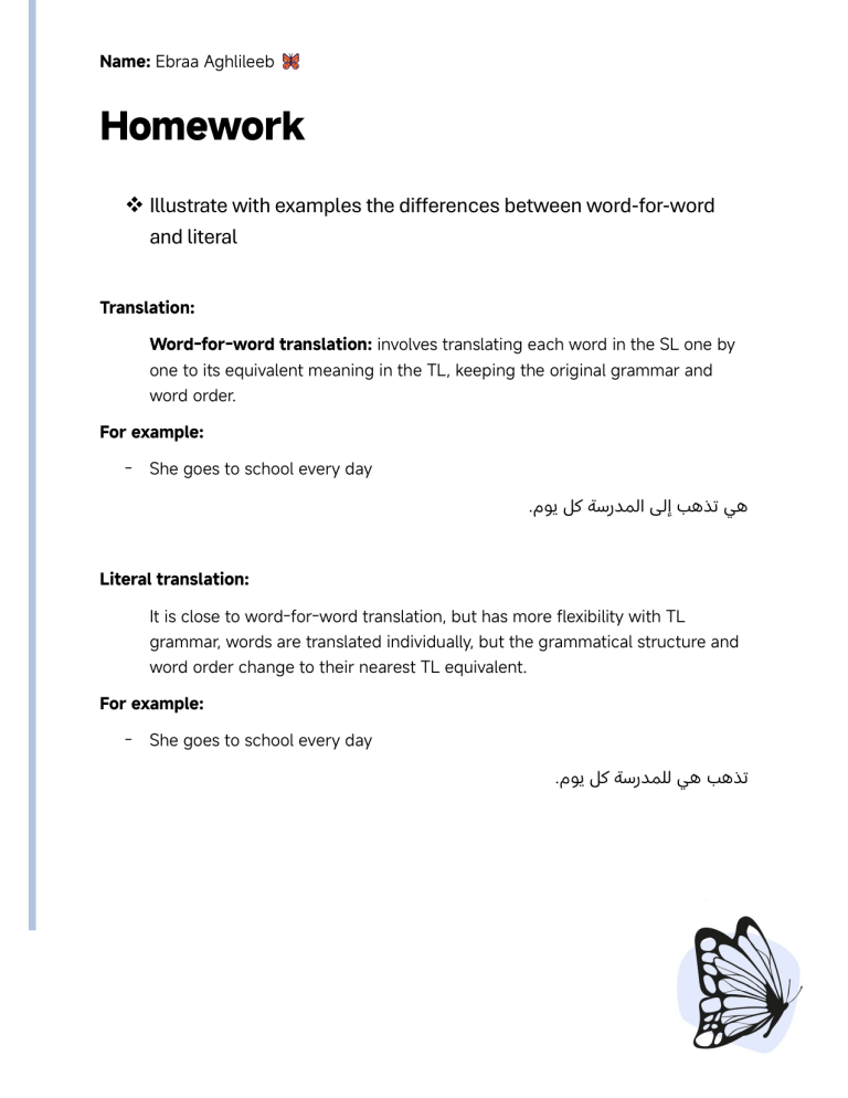Translation Techniques Homework: Word-for-Word, Literal, Communicative