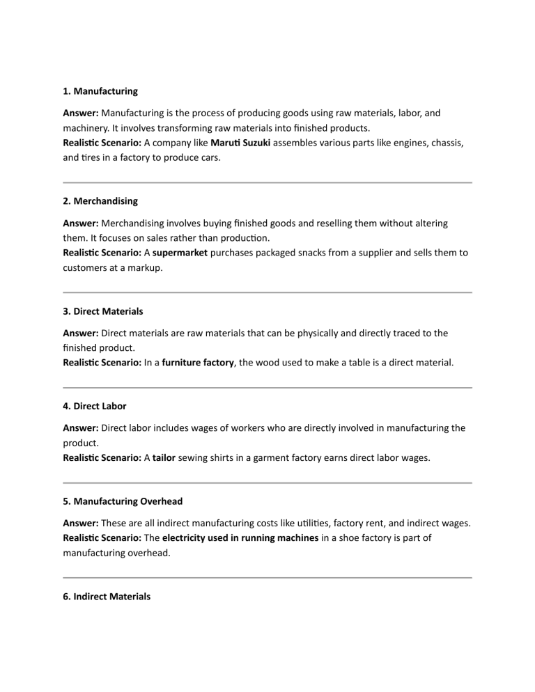Manufacturing & Cost Accounting Definitions with Scenarios