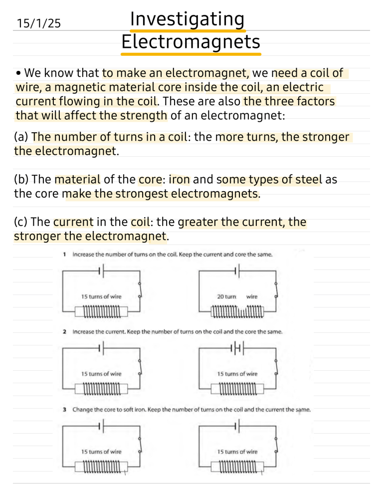 Electromagnetism Worksheet: Factors Affecting Strength